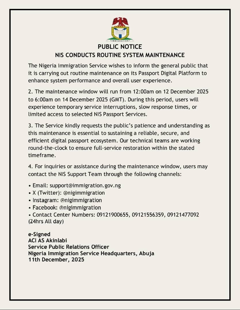 NIS Conducts Routine System Maintenance - Nigeria Immigration Service